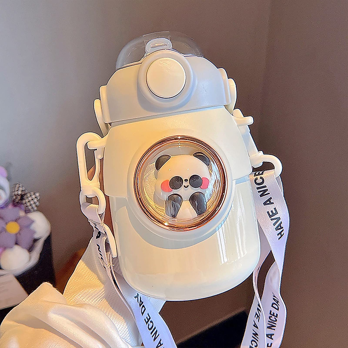 Cute Thermos Cup 700ml for Baby,Kid and Lady,Insulated Water Bottle with Straw Hanging Rope,Stainless Steel Coffee Vacuum Thermos Bottle Keep Drinks Hot or Cold for Travel,School,Offic White 700ML