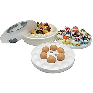FEOOWV Portable Pie Cupcake Carrier with Lid and Tray 3-In-1 Round Cupcake Container Egg Holder Deviled Egg Tray Muffin Tart Cookie Food Keeper 10 Inch