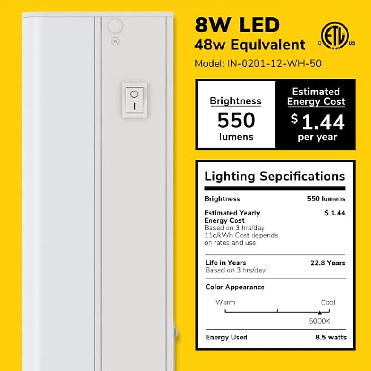 GETINLIGHT Dimmable Hardwired Only Under Cabinet LED Lights, 18-inch, Daylight White(5000K), Matte White Finished, ETL Listed, IN-0201-12-WH-50