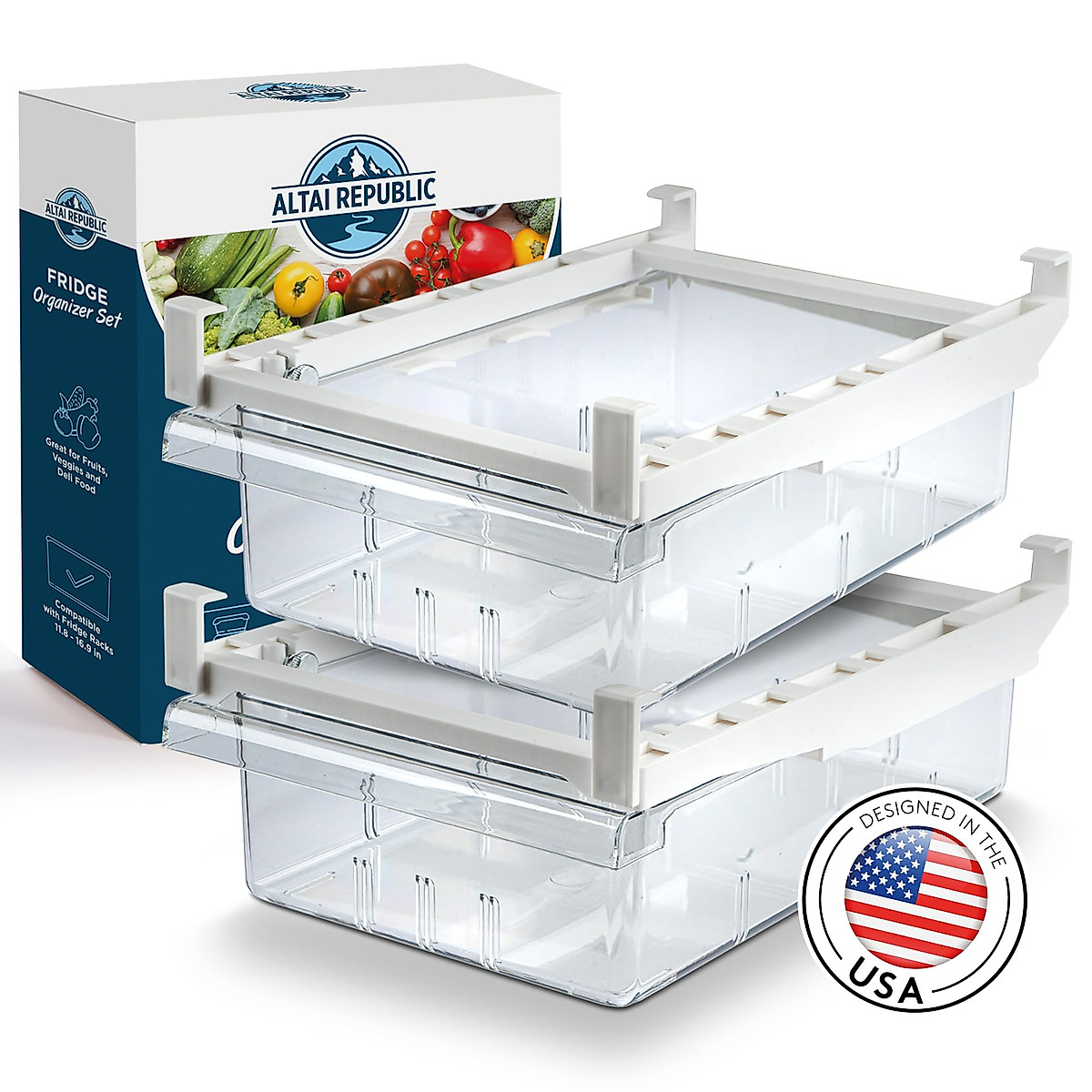 Altai Republic 2 Pack Fridge Drawers - Pull Out Refrigerator Storage Drawers - Transparent Refrigerator Organizer - Fridge Drawer Organizer & Fridge Organizer - Suitable for Fridge Shelf Under 0.6"