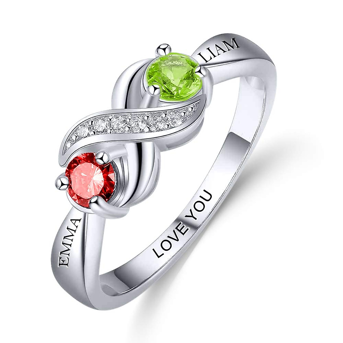 GLAMCARAT Sterling Silver Personalized ring 2 birthstones customized engraved jewelry for women infinity promise ring for her name ring (sterling-silver, 6)