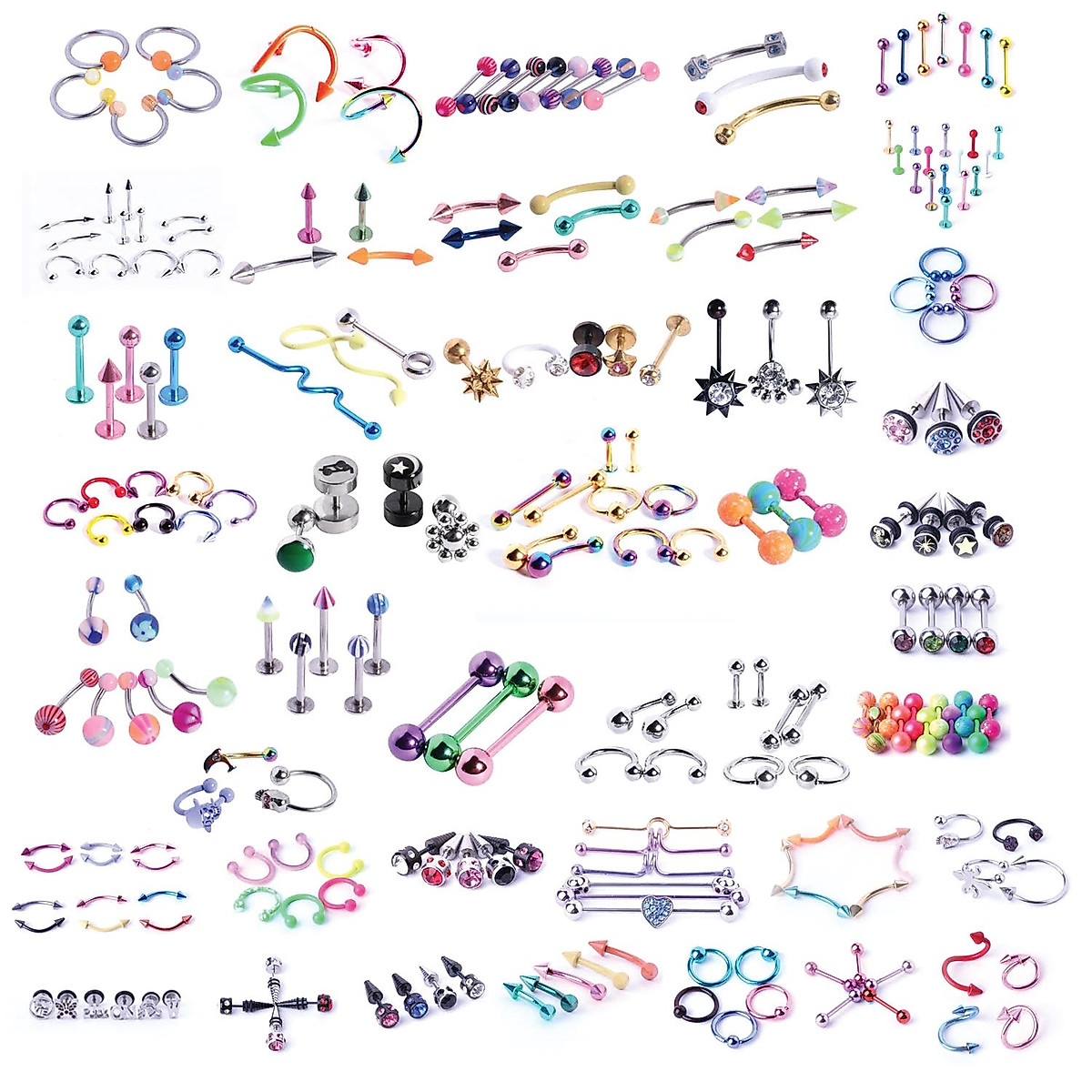 BodyJ4You 120PC Body Piercing Jewelry Lot - Ear Tragus Cartilage Daith Nose Septum Lip Belly Button - 14G 16G 18G RANDOM Mix - Horseshoes Rings Barbells Studs Industrial - Unisex Male Female