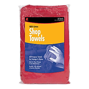 Buffalo Industries (62017) 100% Cotton 14" x 14" Fully Hemmed Red Shop Towels, Pack of 50 - Grease and Oil Rag for Automotive, Garage and Home - Washed, Dyed and Dried for Quality - Machine Washable