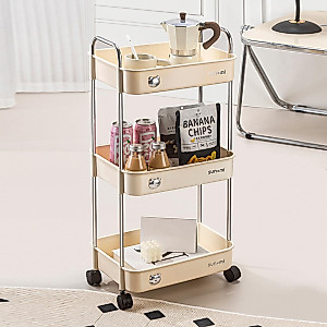 3 Tier Rolling Utility Cart, Heavy Duty Storage Carts with Plastic Storage Basket & Lockable Wheels, Mobile Shelving Unit Organizer Trolley for Bathroom Laundry Bedroom Office Kitchen