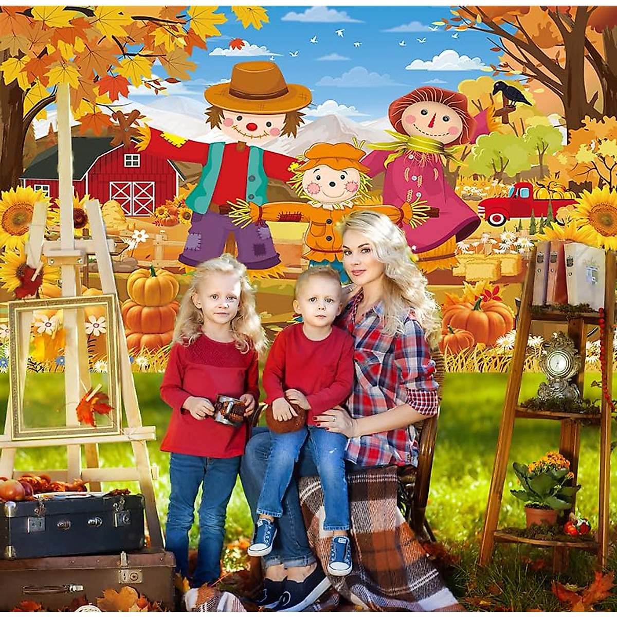 Fall Backdrop Autumn Scarecrow Farm Barn Harvest Photography Background 6x4FT Kids Birthday Party Baby Shower Decorations Supplies Photo Props (72x48 inch)