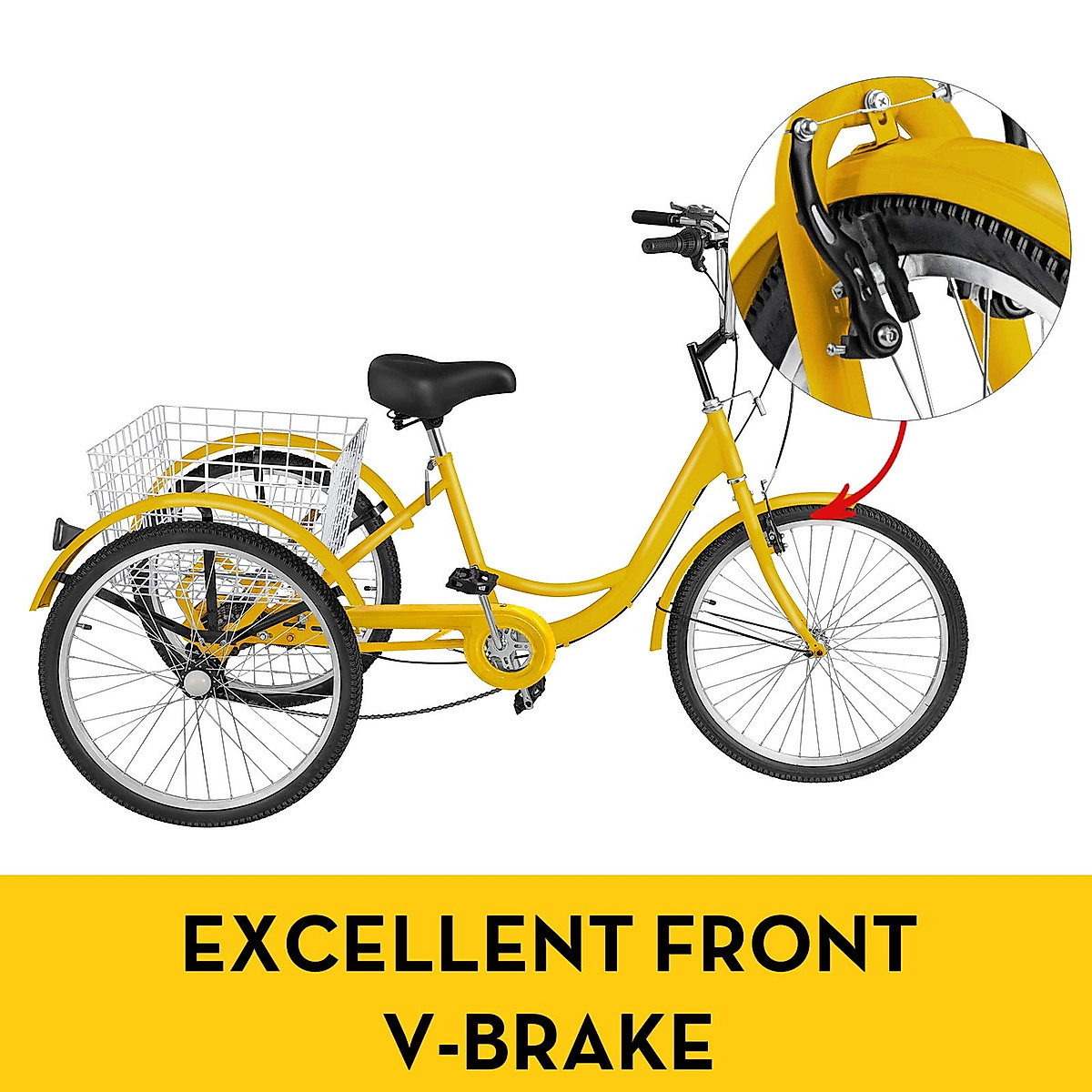 Happybuy Adult Tricycle 24 inch, Three Wheel Bikes 1 Speed, Yellow Tricycle with Bell Brake System, Bicycles with Cargo Basket for Shopping.