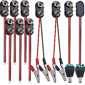 TWTADE 10 Pcs 9V I Type Battery Connector Leads + 2 x 2.1mm X 5.5mm DC Power Male Plug +2 Pair Alligator Clips I-023