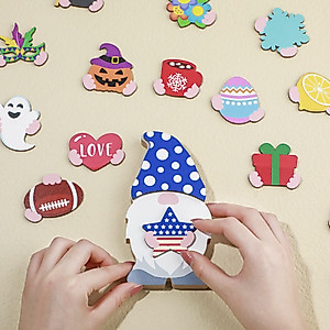 30 Pieces Holiday Interchangeable Easter Wooden Gnome Decor DIY Saint Patrick Seasonal Tiered Tray Decoration with Magnet Swappable Detachable Hats Changeable Welcome Sign for Home