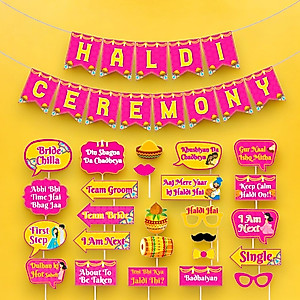 LoveNspire 25 Pcs Haldi Photo Booth Party Props & 1 Pcs Haldi Ceremony Banner Wedding Photoshoot Haldi Decoration Marriage Props for Bride and Family