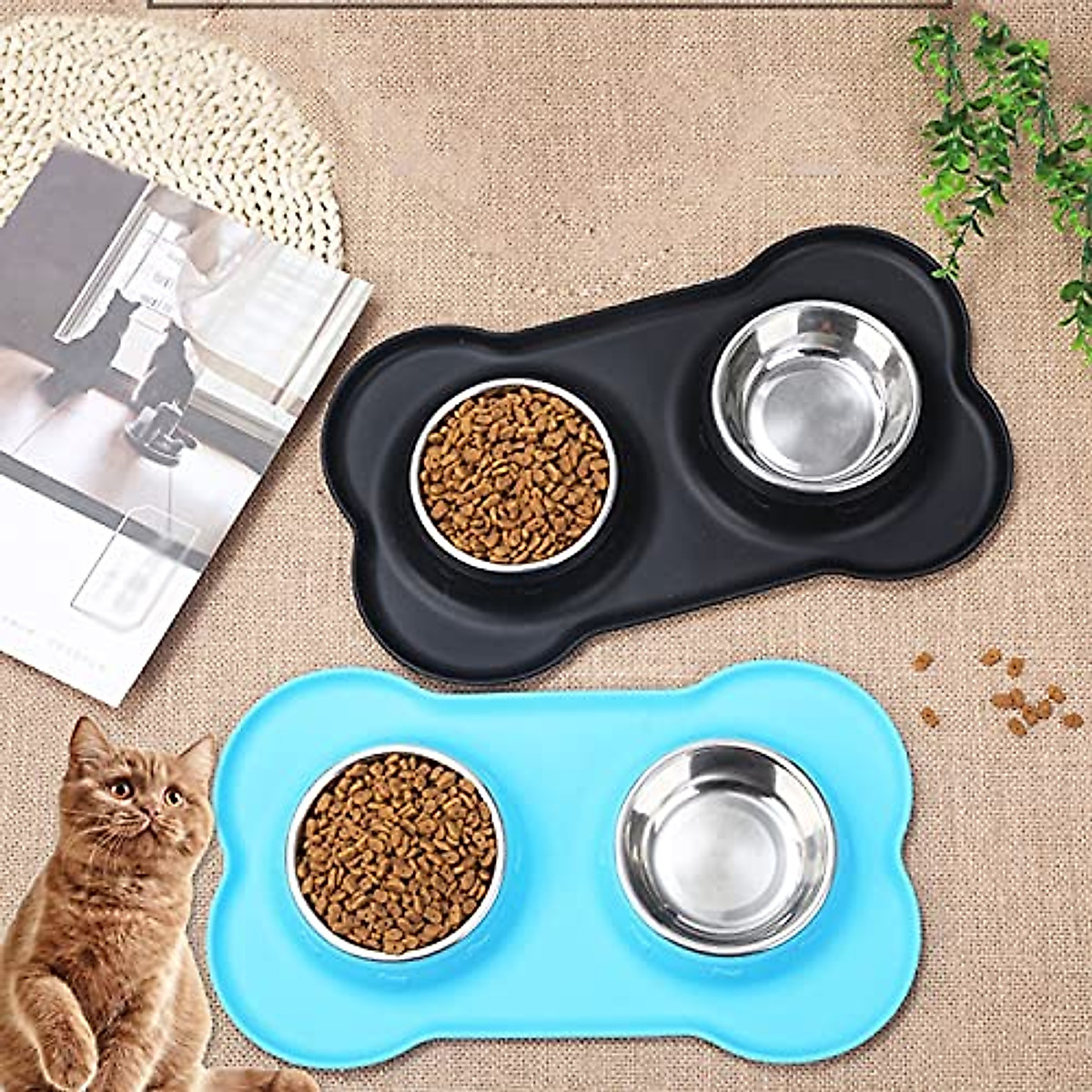 FUUIE Bowls for Food and Water Silicone Bone Double Dog Bowl Pet Pad Pet Feeding Bowl Non-Slip Leakproof Dual-Use Pet Mat Black and Blue (Color : Blue)
