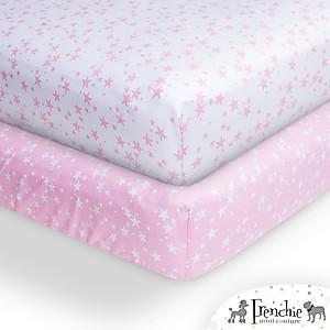 Frenchie Mini Couture Fitted Crib Sheets 100% Woven Cotton Fits Toddler Mattress, Pink Stars, 28 x 52inx8in, 2-Pack