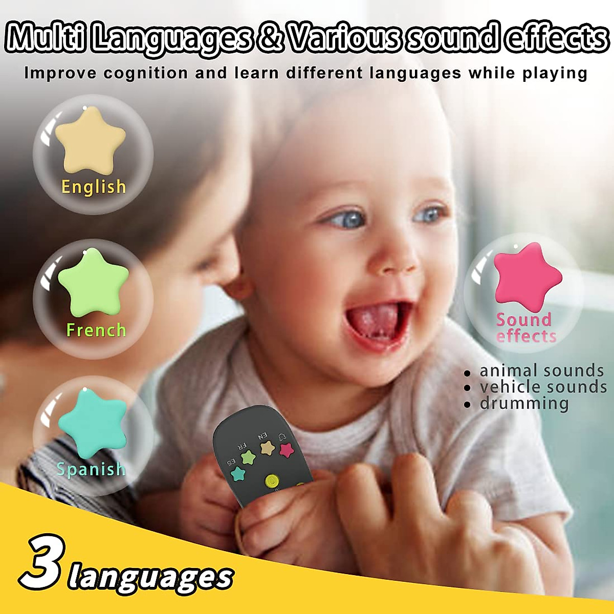Baby Remote Toy, Toddlers TV Remote Control Toy Kids Realistic Play Remote Early Educational Baby Musical Toys with Light and Sound English French Spanish for Proshool Boys Girls 6 Month+, Gray