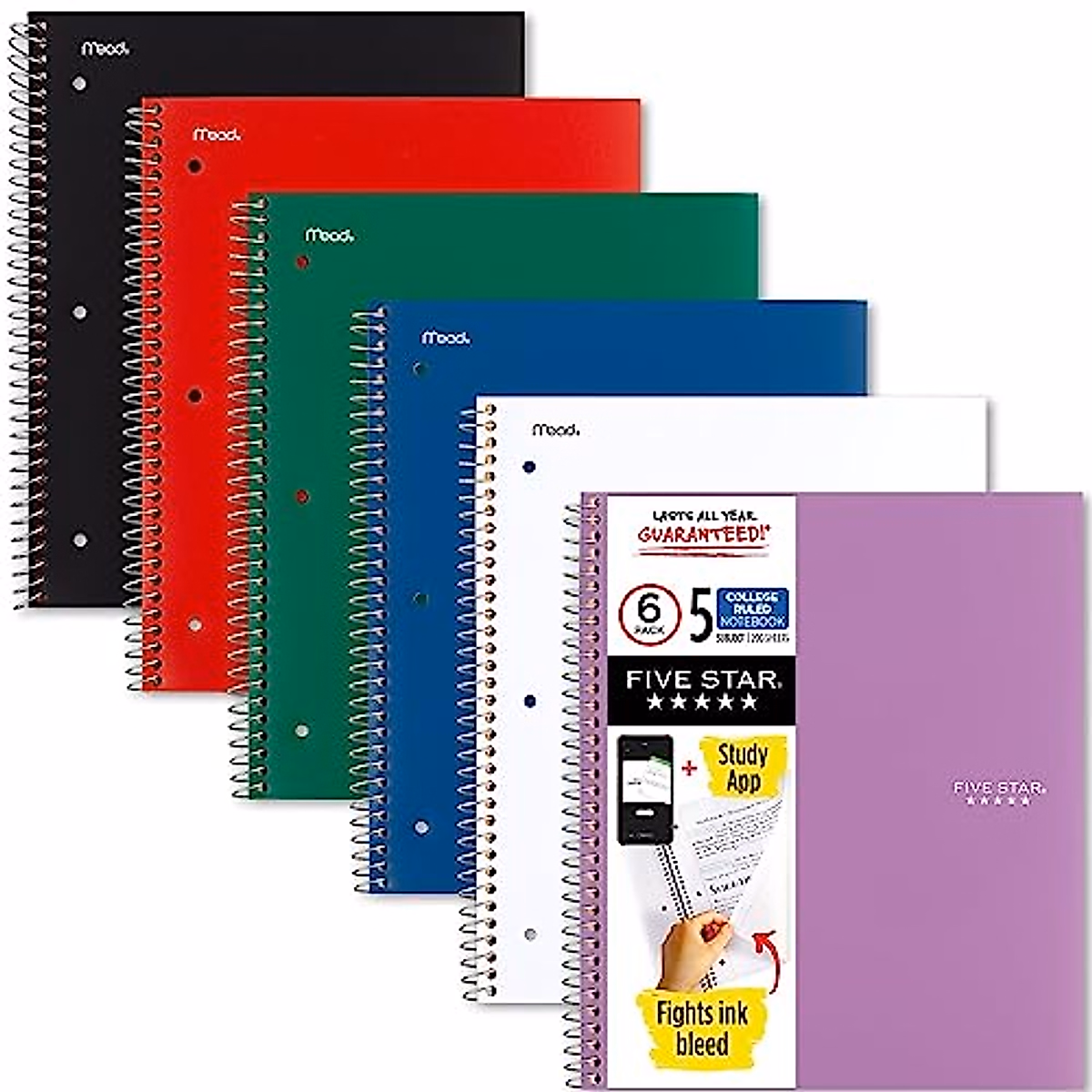 Five Star Spiral Notebook, 6 Pack, 5-Subject, College Ruled Paper, Fights Ink Bleed, Water Resistant Cover, 8-1/2" x 11", 200 Sheets, Color Will Vary (73793)
