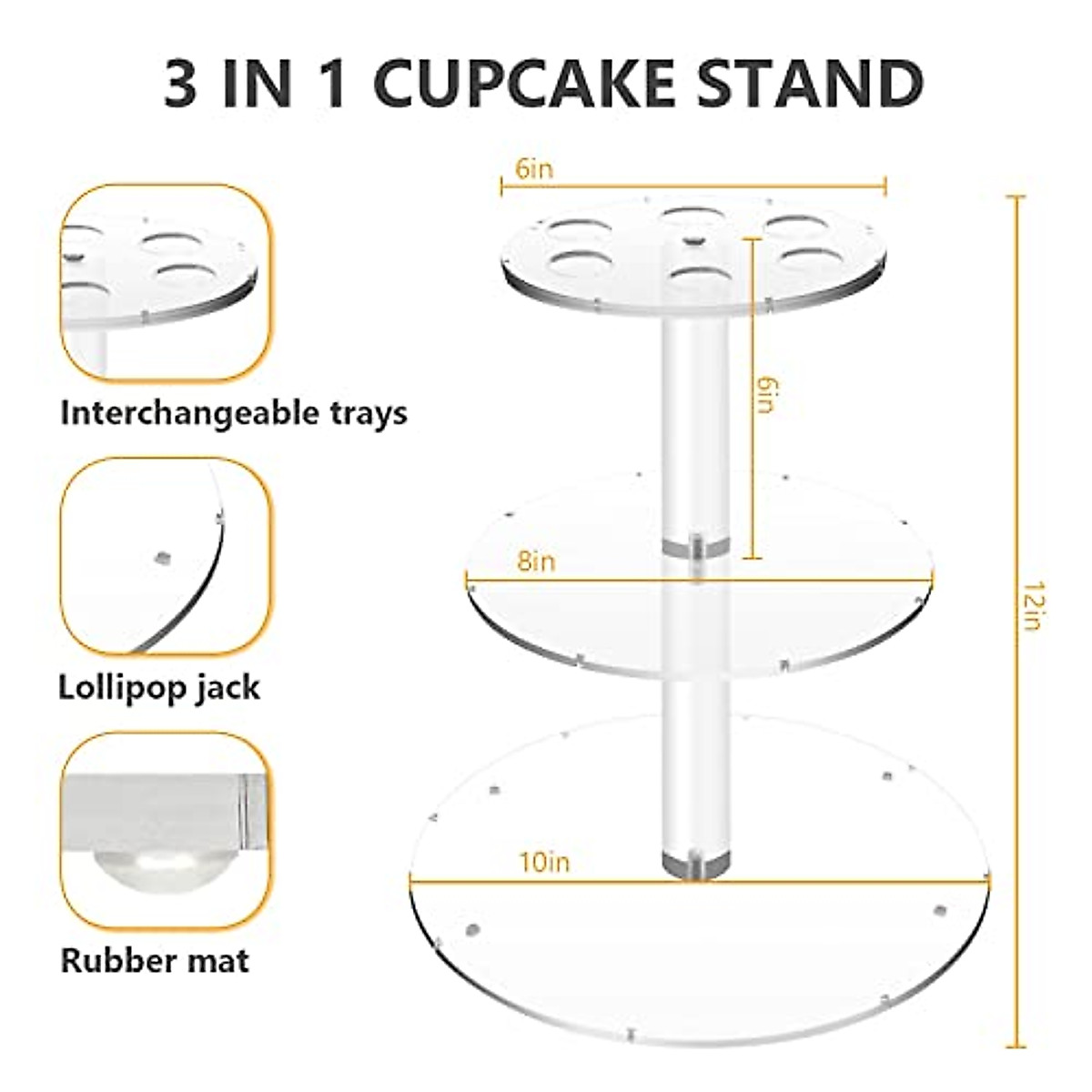 HURZMORO 3 Tier Round Acrylic Cupcake Tower Stand for 24 Cupcakes, Dessert Stands with LED String Light,3 in 1 Ice Cream Lolliopop Cupcake Display for Birthday Wedding Graduation Baby Shower Tea Party