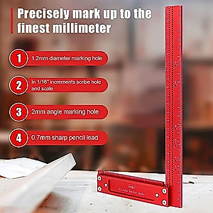 12 inch Try Square Ruler with 0.7mm Mechanical Pencil and 0.7mm Lead Refill, Carpenter Precision Woodworking Square, L Square, CNC-Machined, Metal Aluminum