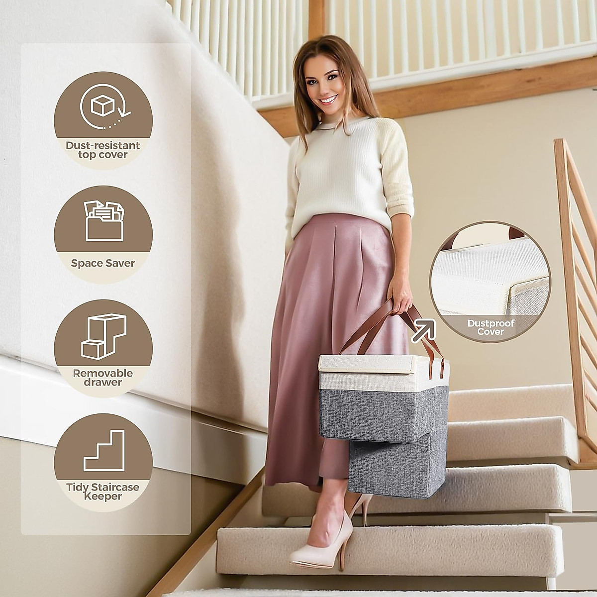 Puricon Stair Basket for Carpeted and Wooden Stairs, Flax Foldable Stair Step Basket with Drawer and Leather Handles, Staircase Storage Organizer for Home Toys Clothes