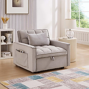 Sleeper Sofa Chair Bed, Convertible Velvet Single Pull Out Sofa Chair, Modern Tufted Living Room Reading Chair with Adjustable Backrest/Pillow for Small Spaces, Apartment, Office, Grey