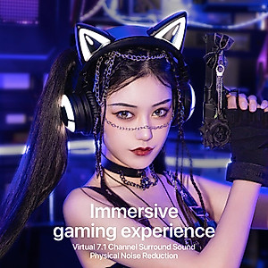 YOWU RGB Cat Ear Headphone 3G Wireless 5.0 Foldable Gaming Headset with 7.1 Surround Sound, Built-in Mic & Customizable Lighting and Effect via APP, Type-C Charging Audio Cable-Black