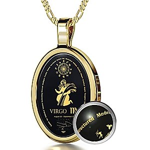 Gold Plated Silver Virgo Necklace Zodiac Pendant Gift for Women Birthday Jewelry 23rd August - 22nd September Gold Inscribed on Onyx, 18" Rolo Chain