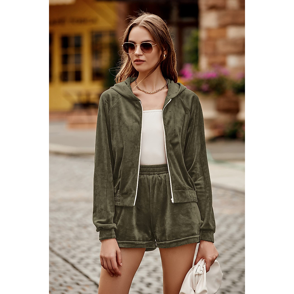 PRETTYGARDEN Women's 2 Piece Velour Tracksuit Casual Long Sleeve Zip Up Hoodie And Shorts Set Jogger Outfits (Army Green,Large)