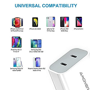 USB C Charger, Amoner 2Pack Type C Fast Charger, Dual Port 25W PD Fast USB C iPhone Wall Charger Compatible with iPhone 14/13/12/12 mini/12 Pro/12 Pro Max, iPhone 11/11 Pro/11 Pro Max, XR/XS/X/8