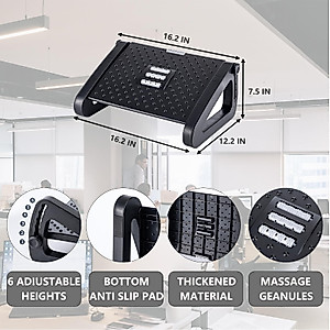 DISFAT Foot Rest Under Desk, Ergonomic 6-Height Adjustable footrest with Massage Rollers Portable Under Desk Foot Stool for Home,Office, Black