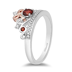 Jewelili Enchanted Disney Fine Jewelry 14K Rose Gold Over Sterling Silver 1/10 Cttw Diamond and Red Garnet Snow White Tiara Ring, Size 9