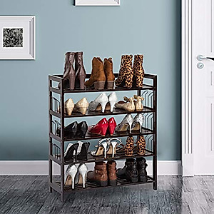 kinbor 5 Tier Shoe Rack Storage Organizer - Bamboo Shoe Shelf with 12 Hanging Bars and Removable Top Shelf for Living Room, Hallway, Entryway, Balcony, Dark Brown