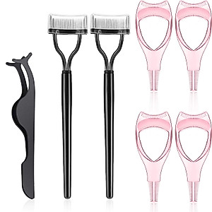 Patelai 7 Pcs Eyelash Makeup Tool 3 in 1Mascara Shield Guard Mascara Shield Applicator Guard Lash Separator Eyelash Comb Extension Tweezers for Women Makeup(Black, Pink)