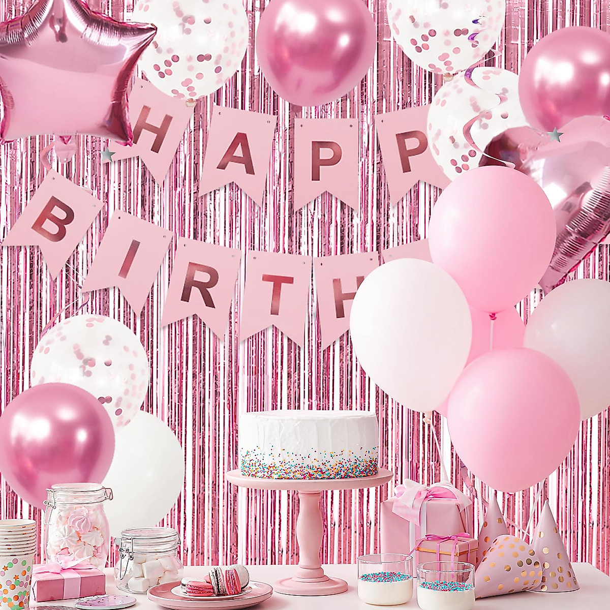 RUBFAC Pink Birthday Decorations for Women and Girls, Happy Birthday Banner, Pink Fringe Curtain, Pink Confetti Balloons, Heart Shape Foil Balloons for Women Girls Birthday Princess Party