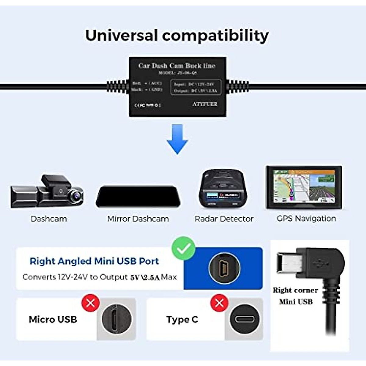 ATYFUER Dash Cam Hardwire Kit GPS Charger Cable GPS Navigator Charger Cable Mini USB Hard Wire Kit Dash Cam Power Cable for 12V Car and 24V Truck（11.5ft）