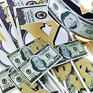 YiiiGoood Money Theme Decoration KIT Bill Dollar Signs Birthday Banner & Cupcake Toppers & Crown Set for Birthday Casino Wedding Showers Retirement Anniversary Graduations Party
