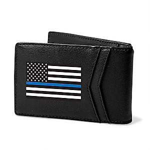 iPick Image for The USA, American Flag Thin Blue Line (Police-Officers) Black PU Leather Slim RFID Resistant Bi-fold Men Wallet