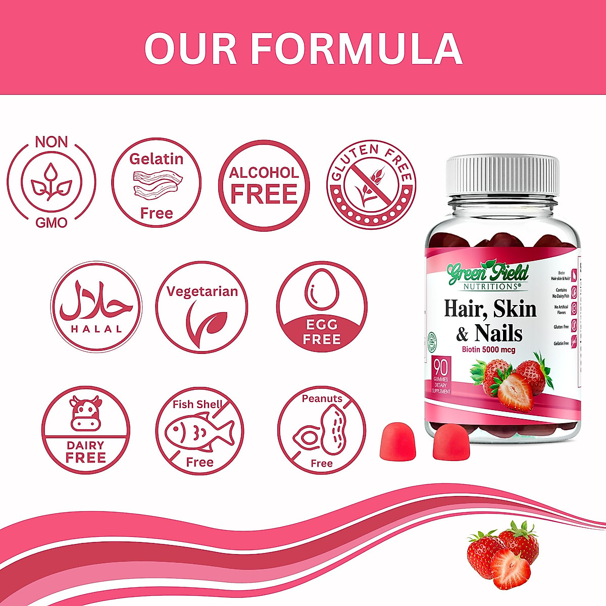 Greenfield Nutritions - Halal Biotin Gummies Vitamin for Hair, Skin and Nails, Supports Fat Metabolism, Hair Growth, Strong Nails & Clear Skin, Gelatin Free, Non-GMO, and Gluten Free - 90 Gummies
