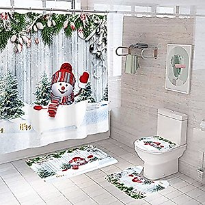 4Pcs Merry Christmas Snowman Shower Curtain Set with Non-Slip Rugs and Toilet Lid Cover Winter Holiday Xmas Fabric Shower Curtain Bathroom Decor with Hooks Waterproof Washable 72" x 72'' White Green