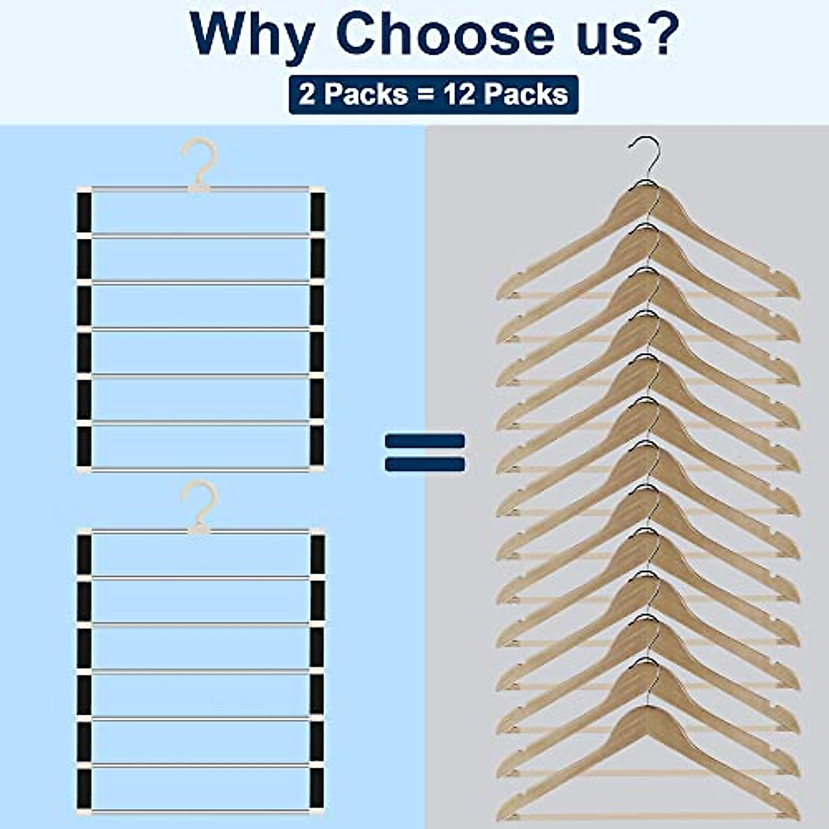 2PC Upgrade 6 Layers Pants Hangers Space Saving, Non Slip Pants Rack for Closet Organizers Storage, Hangs Up to 12 PC, for Trousers,Leggings,Jeans,Skirts, College Dorm Room Essentials