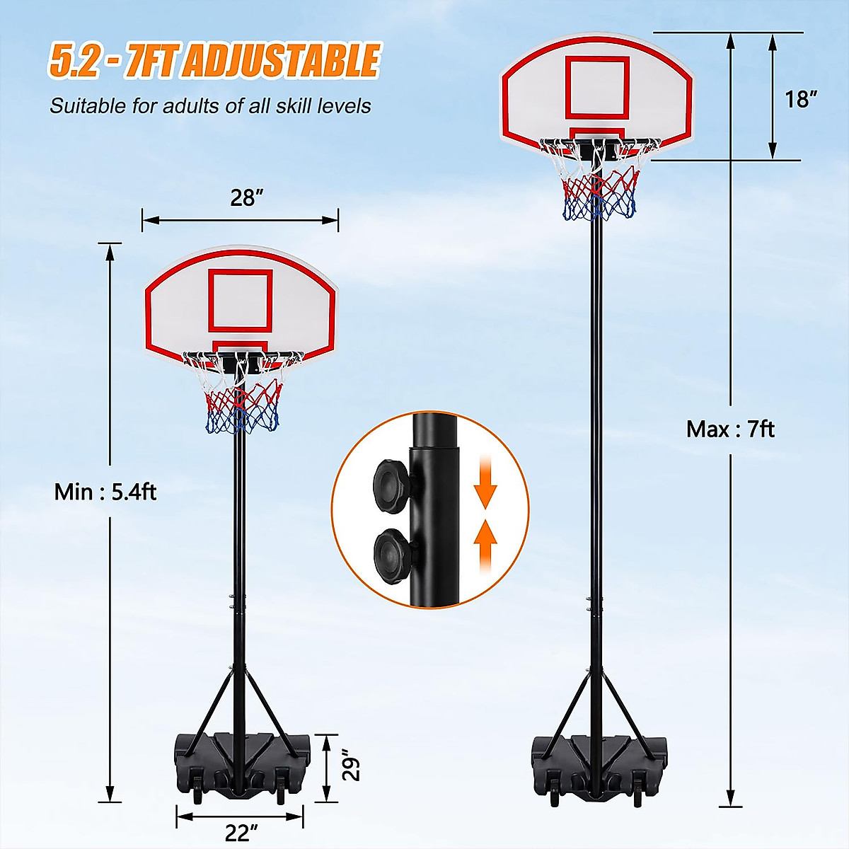 Kids Portable 5.4-7 Ft Height Adjustable Basketball Hoop Stand, 28 Inch Backboard, Basketball Goals Indoor/Outdoor