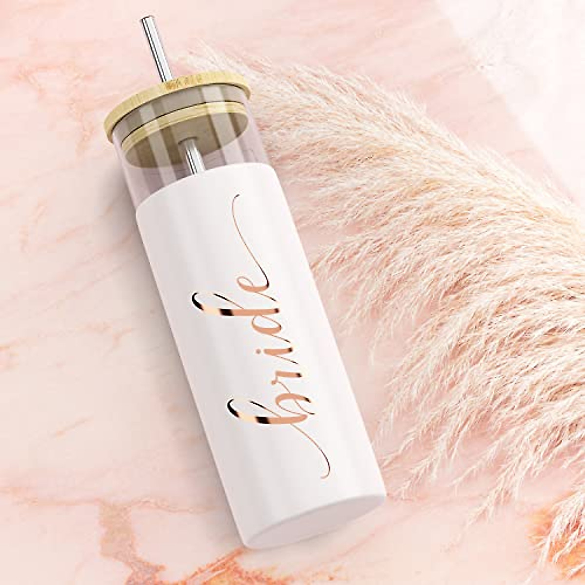 Bride to Be Iced Coffee Tumbler with Bamboo Lids and Straws | 20 oz Mason Jar Cups & Iced Coffee Cup | Bridesmaid Proposal Gifts, Bridal Shower, Bachelorette Party Supplies & Bride Tribe - Bride