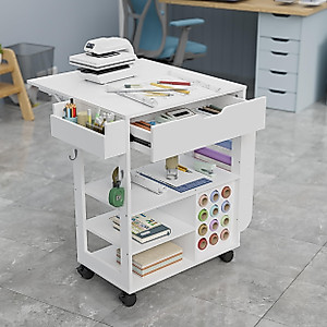 PAKASEPT Organization and Storage Cart Compatible with Cricut Machine, Rolling Craft Organizer with Vinyl Roll Holder and Widen Foldable Desktop for Craft Room Home