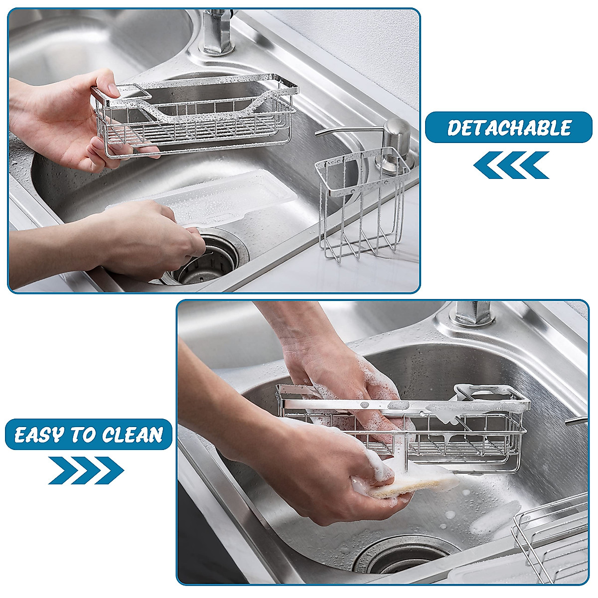 COCOBOSS Sink Caddy Kitchen Sink Organizer, Sponge Holder for Kitchen Sink Premium Stainless Steel Rustproof with Removable Drip Tray and Anti-Slip Bar - Silver(8.5 x 3.6 x 4.9 in)