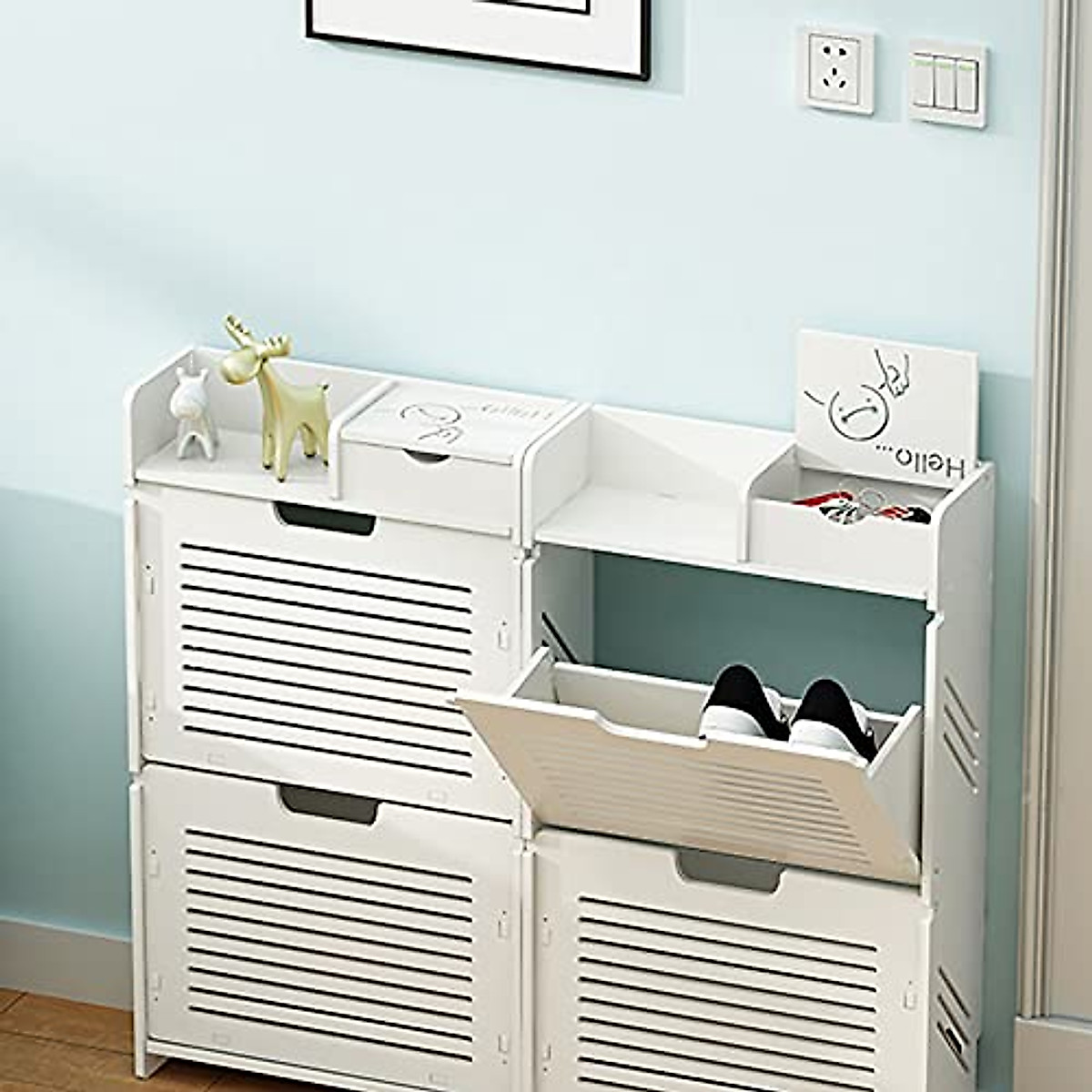 KenSyuInt Shoe Cabinet with 2 Flip Drawers for Entryway, Freestanding Shoe Rack Shoe Organiazer Narrow Shoe Cabinet Shoe Storage Cabinet Tipping Shoe Cabinet, White for Entryway, Bedroom, Hallway