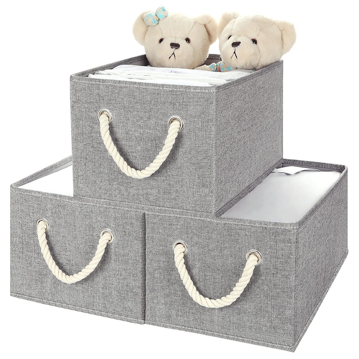 TOPIA HOME Closet Organizers and Storage Bins for Shelves, EXTRA LARGE, 3-Pack Foldable Storage Baskets for Organizing with Rope Handles, Collapsible Fabric Cube Organization Boxes, Gray, TP03DG
