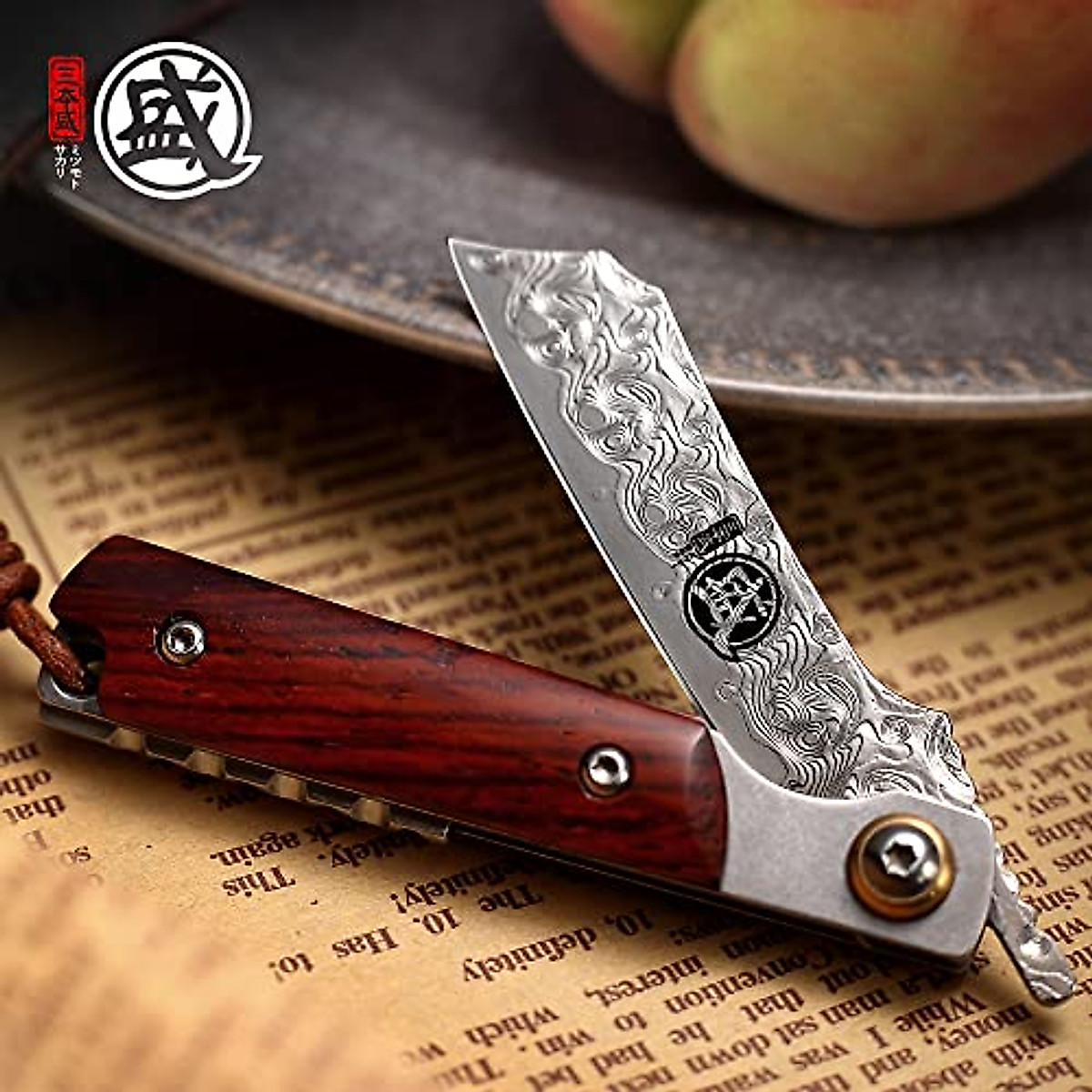 MITSUMOTO SAKARI 3-inch Japanese Pocket Knife, VG10 Damascus Steel Paring Knife, Professional Hand Forged Fruit Knife Chef Knife (Yellow Sandalwood Handle & Gift Box)