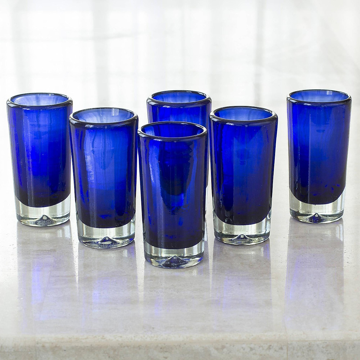 NOVICA Artisan Crafted Hand Blown Blue Recycled Glass Shot Glasses, 2 Oz, 'Pure Cobalt' (Set Of 6)