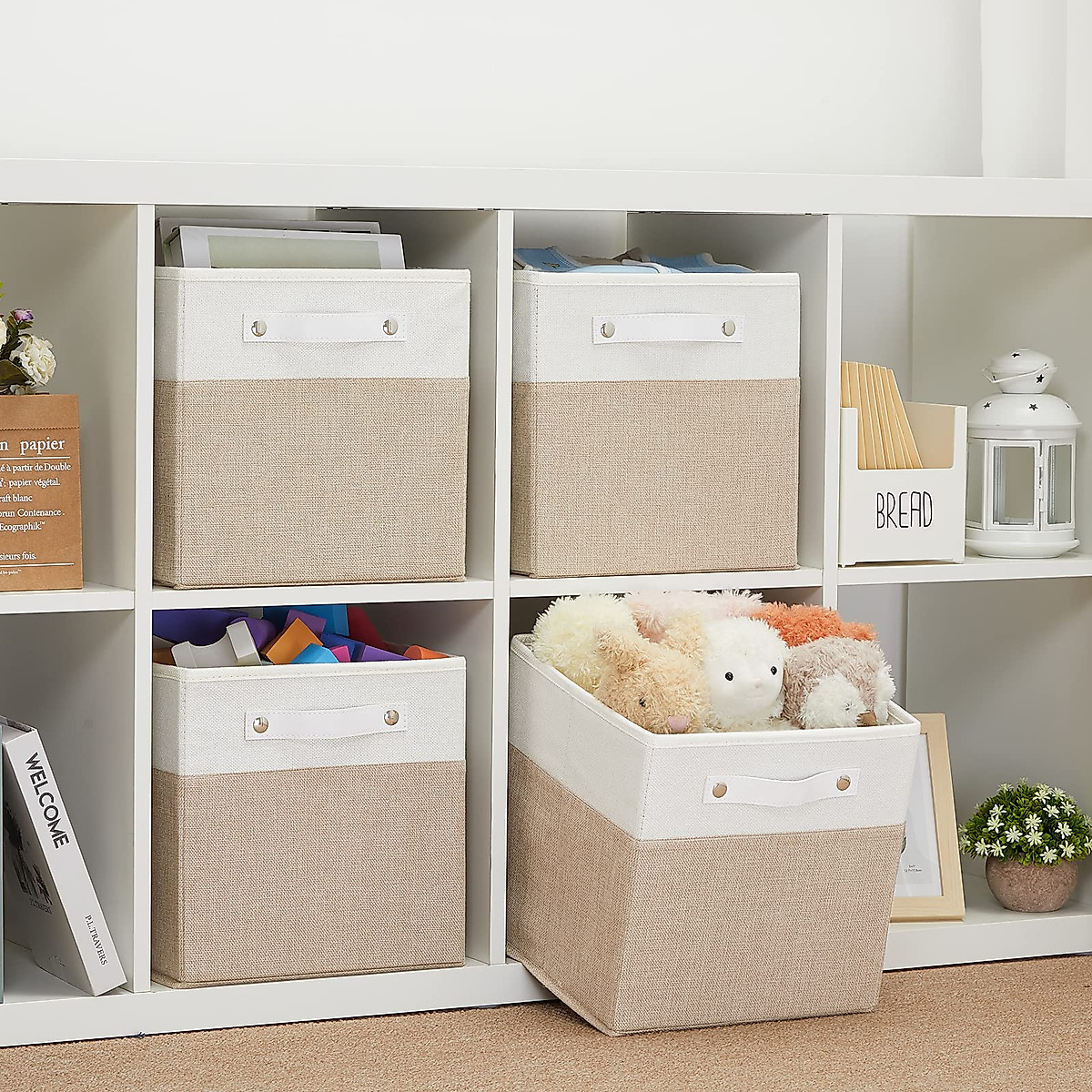 Bidtakay Cubes Baskets for Organizing 11 X 11 X 11 inch Collapsible Fabric Storage Boxes 4 Pack Stackable Beige Cube Storage Organizer Bins For Home Closet Shelves Office Bedroom Nursery Toy Storage