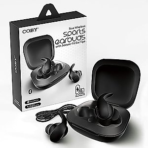 Coby Sports True Wireless Earbuds w/Secure-Fit Ear Tips | in-Ear Headphones Up to 12 Hours Play | Sweat-Resistant | Noise-Isolating | in-Ear Earbuds | Sports Earbuds, Bluetooth Earbuds (Black)