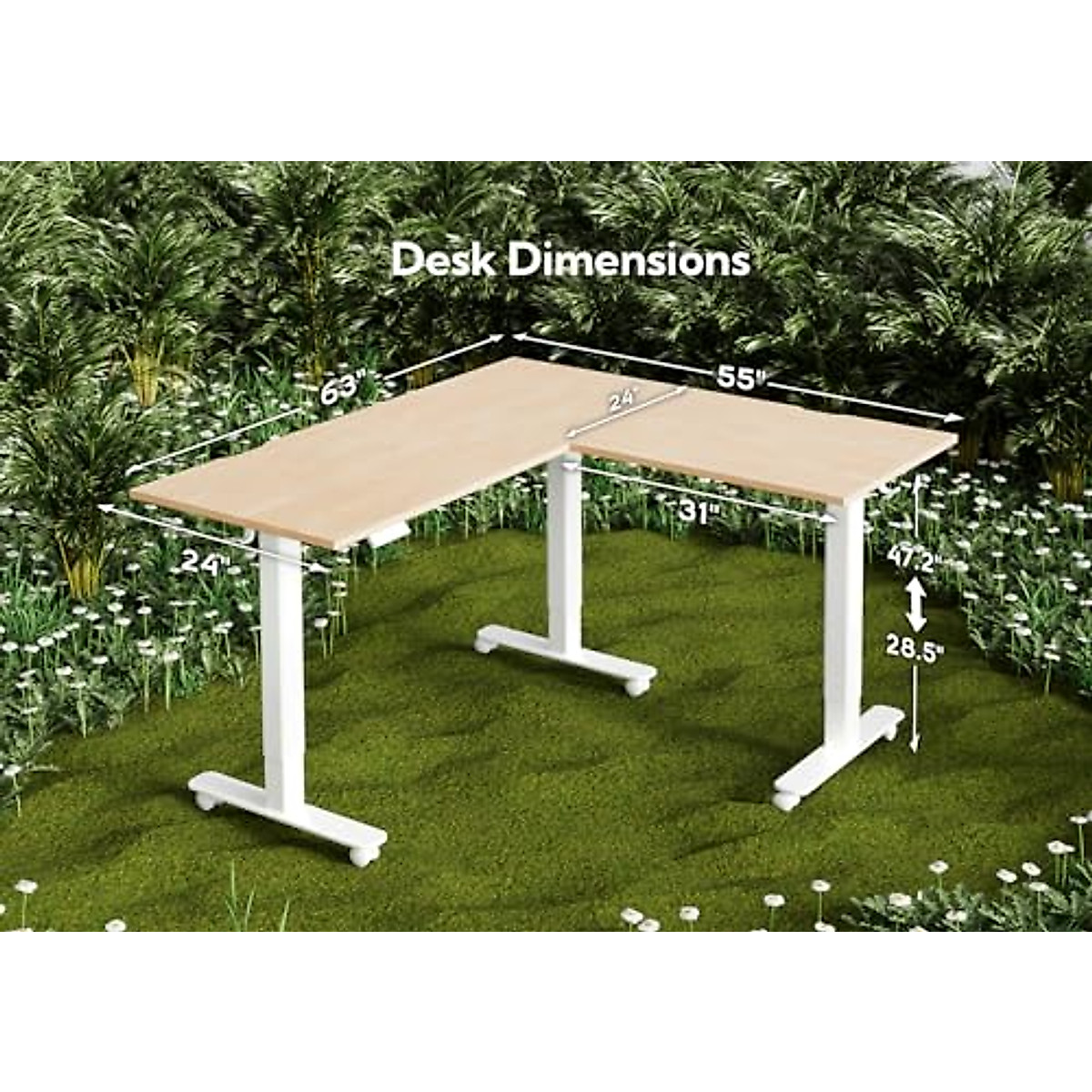 INNOVAR Solid Wood Triple Motor L Shaped Standing Desk, 63 x 55 inch Corner Stand Up Desk, Adjustable Height Home Office Desk, White Frame/Nature Top