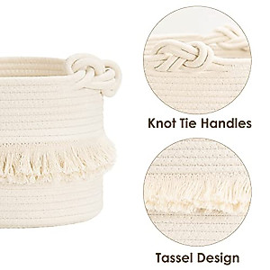 CherryNow Small Woven Storage Baskets Cotton Rope Decorative Hamper for Diaper, Blankets, Magazine and Keys, Cute Tassel Nursery Decor - Home Storage Container – 9.5'' x 7''