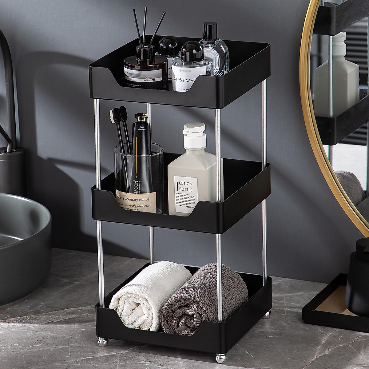 Dobbyby Bathroom Countertop Organizer 3 Tier Stainless Steel Vanity Shelves, Perfume Shelf Organizer, Makeup Cosmetics Counter Organizer and Skincare Storage for Dresser(3 Tier-Square-Black)