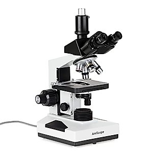 AmScope T490B-DK Compound Trinocular Microscope, WF10x and WF20x Eyepieces, 40X-2000X Magnification, Brightfield/Darkfield, Halogen Illumination, Abbe Condenser, Double-Layer Mechanical Stage, Sliding Head, High-Resolution Optics